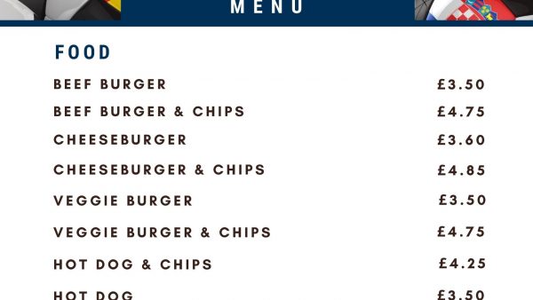 Food Menu for the Euros England Matches - Studley Sports Centre