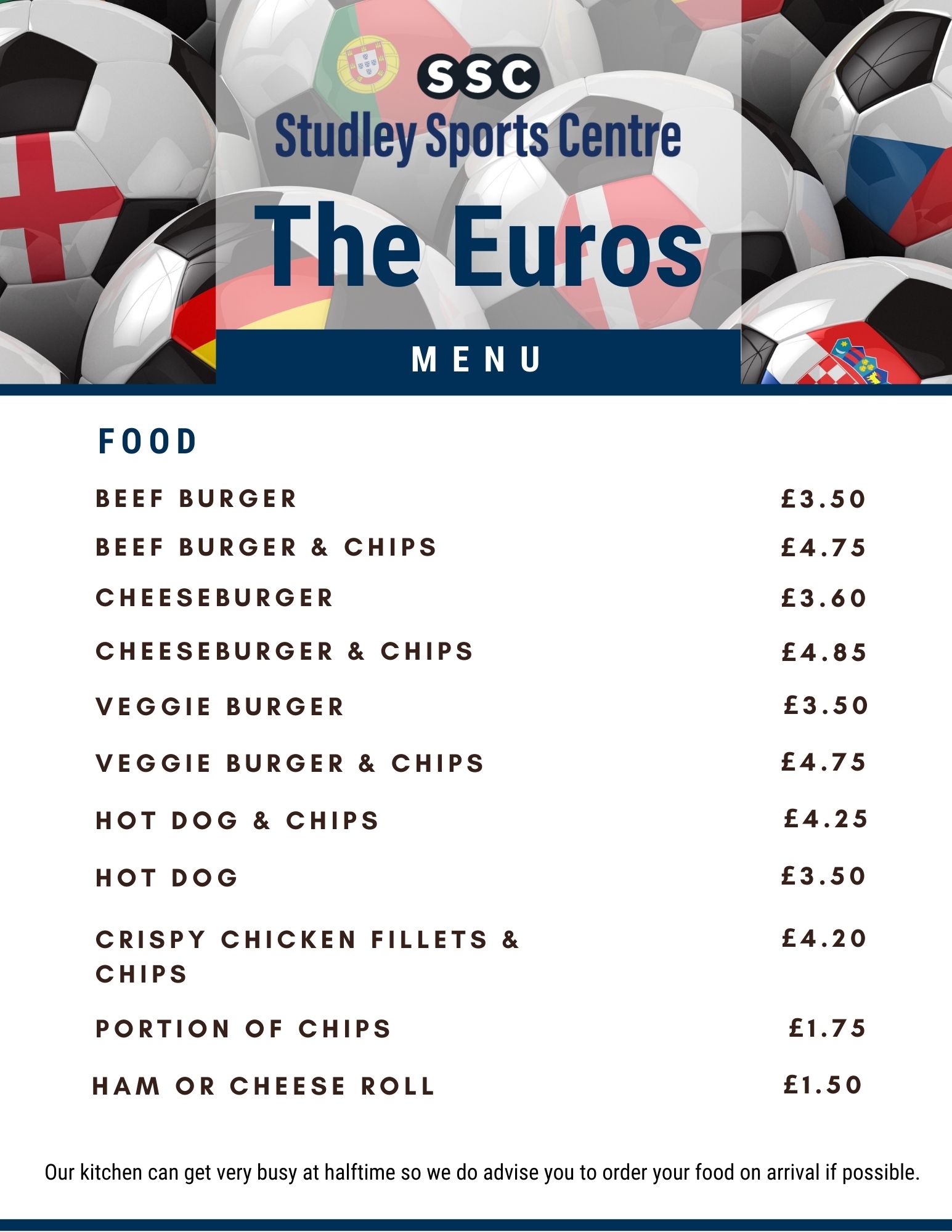 Food Menu for the Euros England Matches - Studley Sports Centre