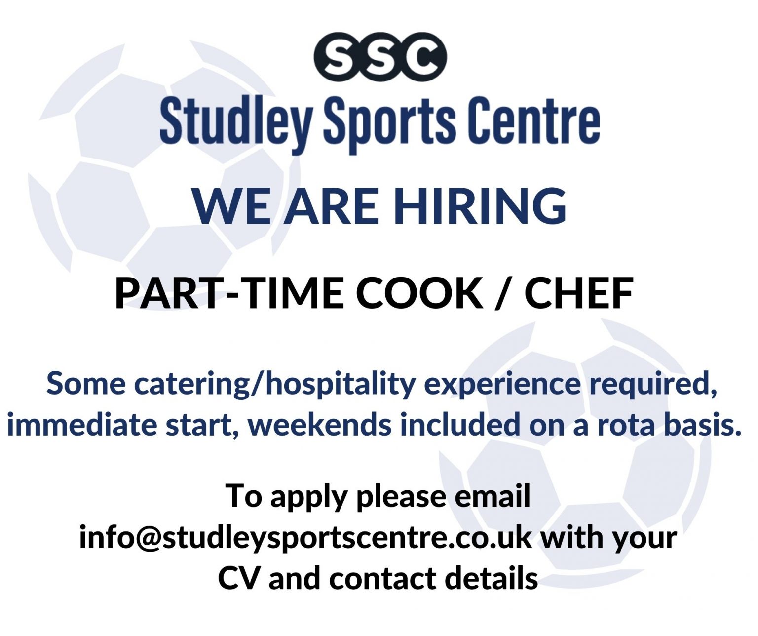 We are Recruiting: Part-Time Cook/Chef - Studley Sports Centre